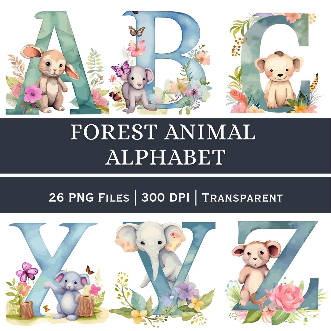 Forest Animal Alphabet PNG A–Z | Woodland Baby Letters for Nursery ...