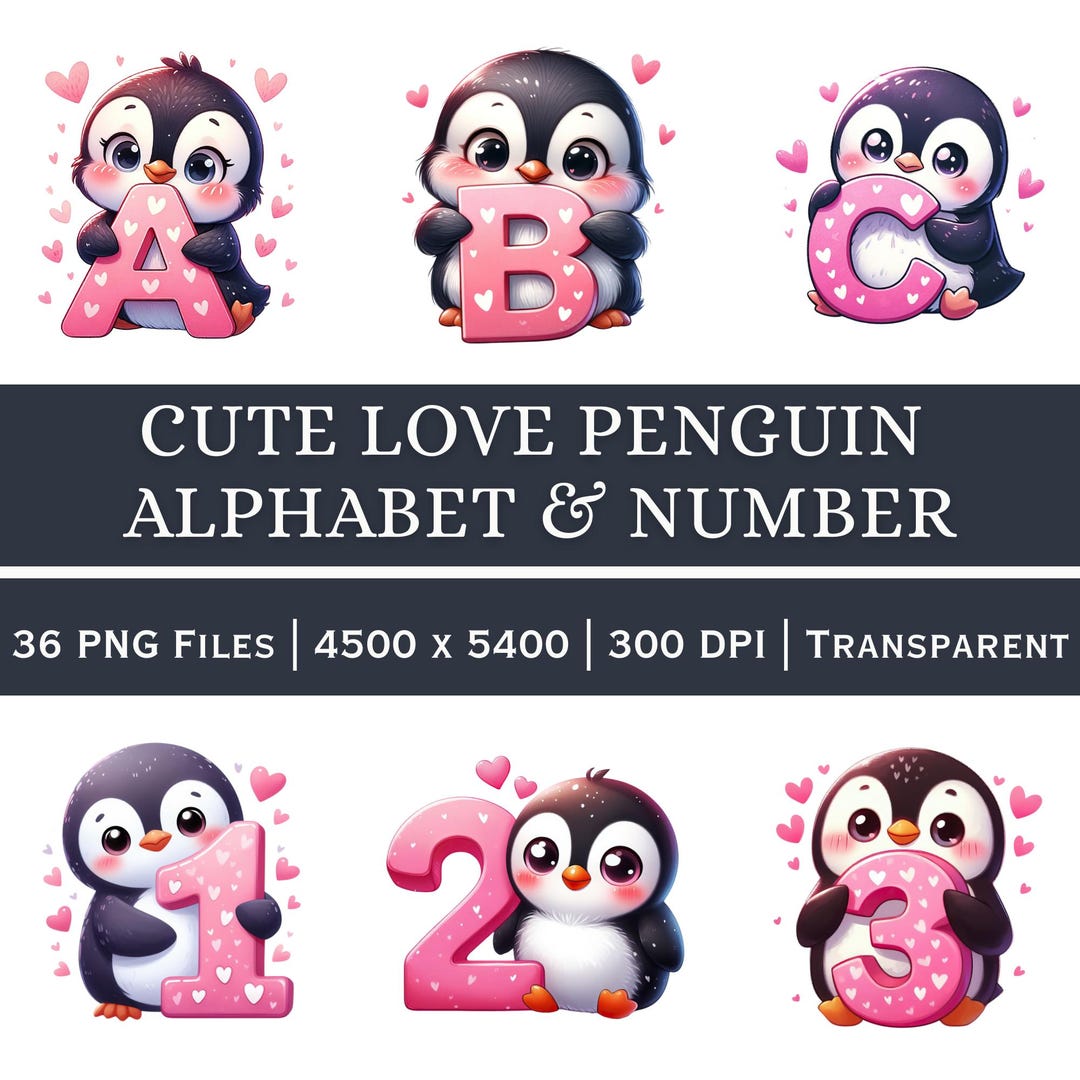 Love Penguin Alphabet PNG A–Z & Numbers 0–9 | Valentine Penguin Letters ...