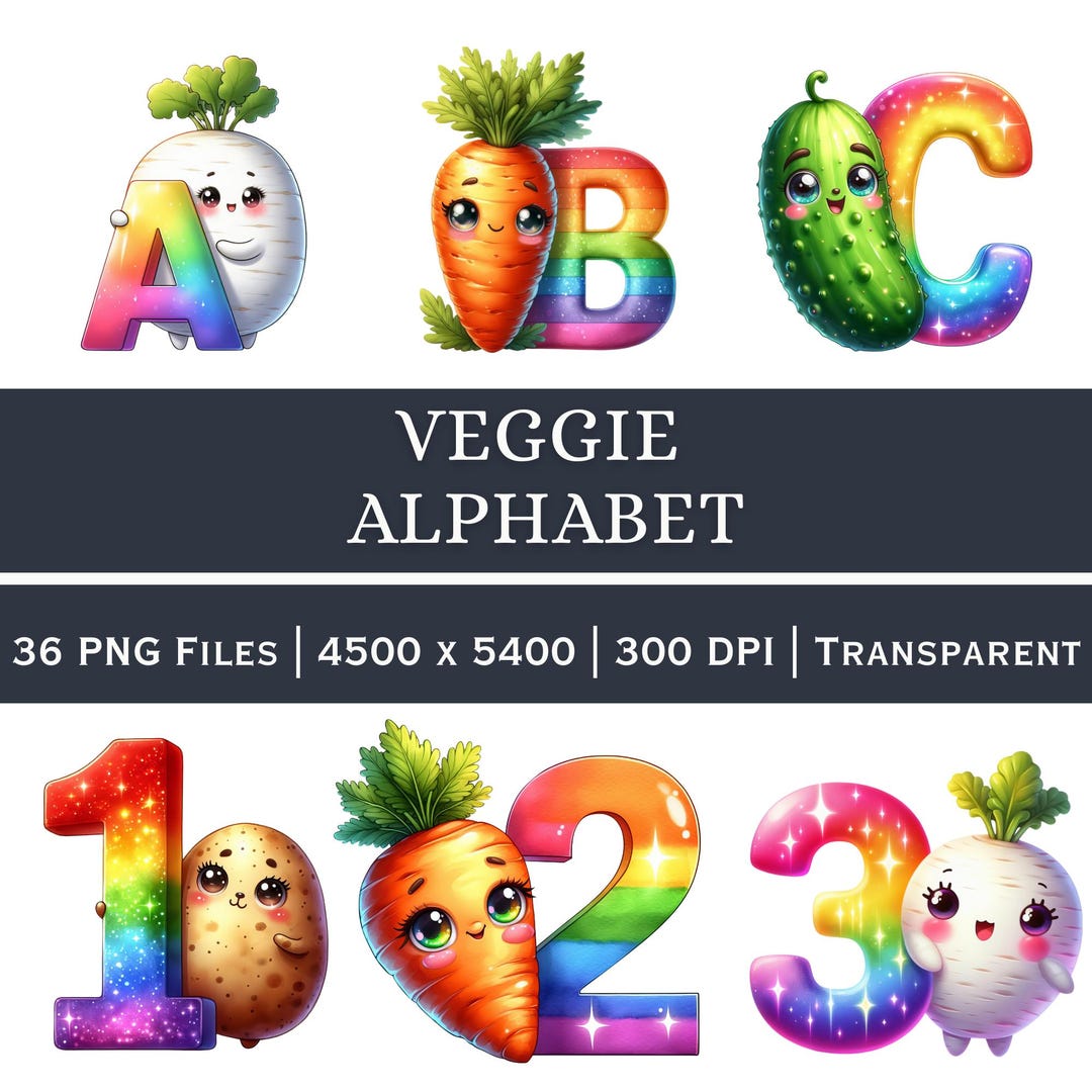 Veggie Alphabet Numbers Clipart – Kids Learning Printables (PNG Files ...