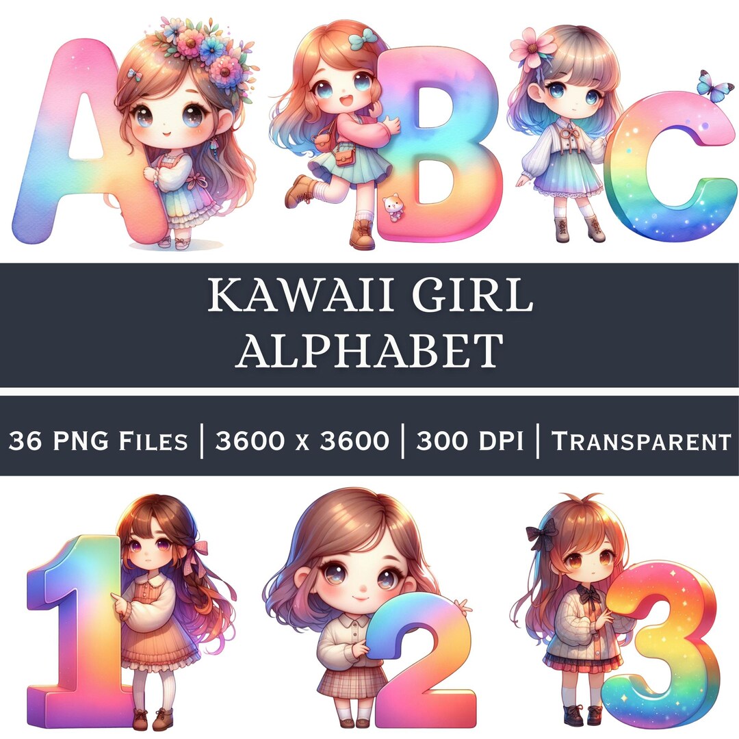 Kawaii Girl Alphabet PNG – Pastel Letters & Numbers (digital Download ...