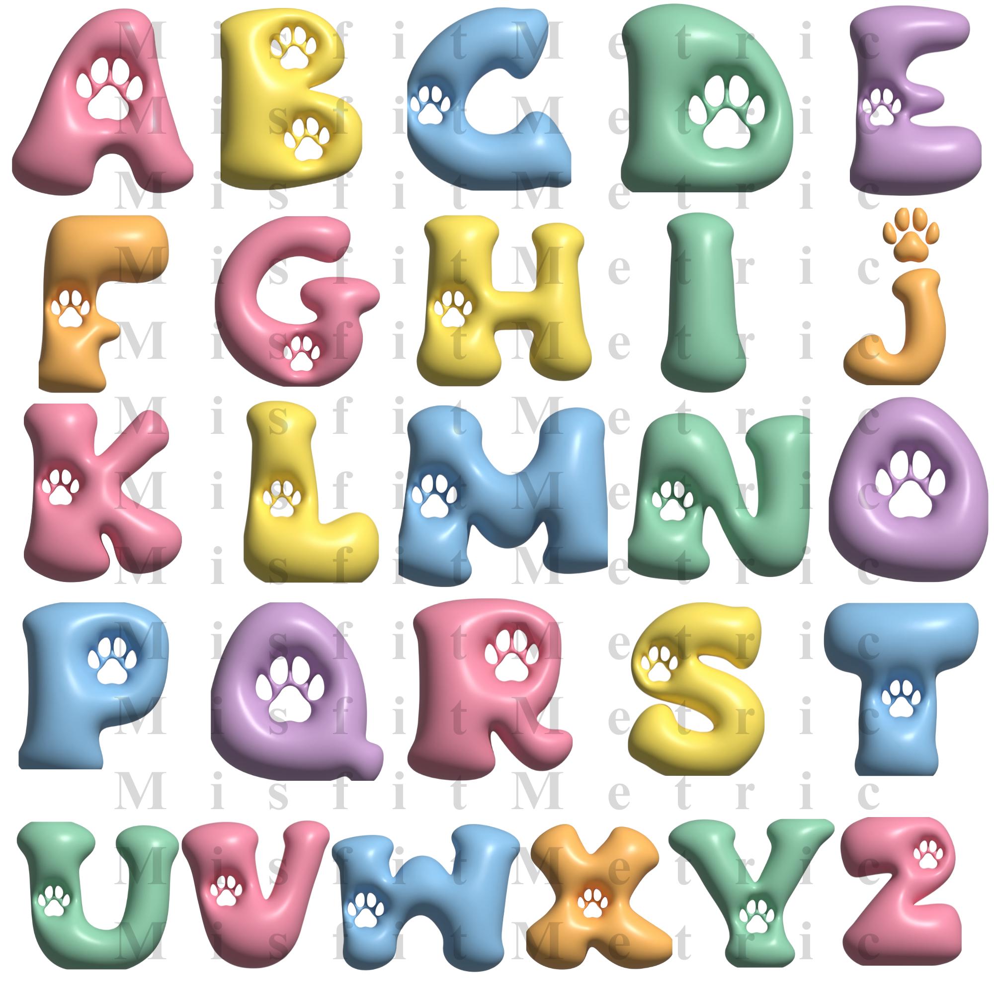 Dog Paw Alphabet PNG A to Z | Paw Print Letters Kids Nursery Learning ...