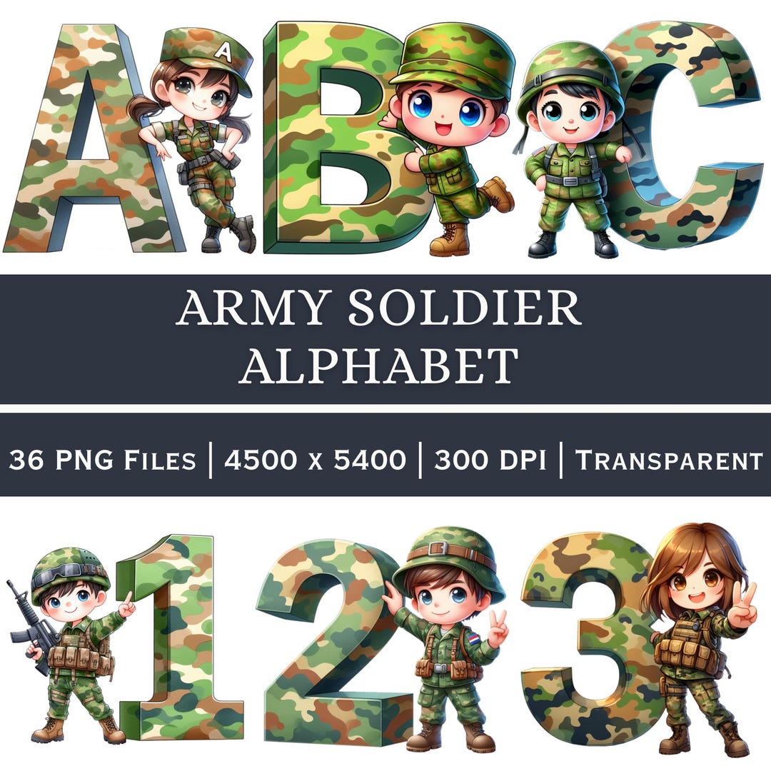 Army Soldier Alphabet & Numbers PNG A–Z 0–9 | Military Cartoon Letters ...