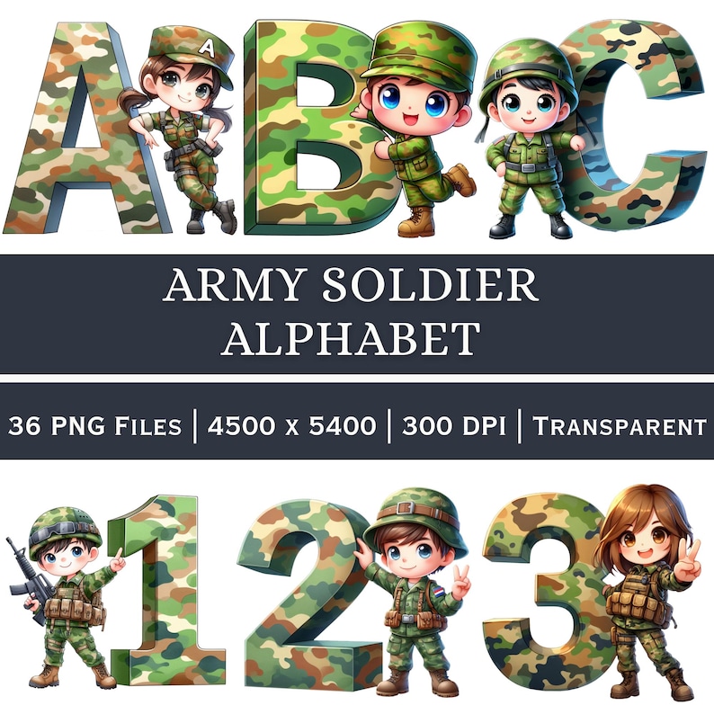 Army Soldier Alphabet & Numbers PNG A–Z 0–9 | Military Cartoon Letters ...