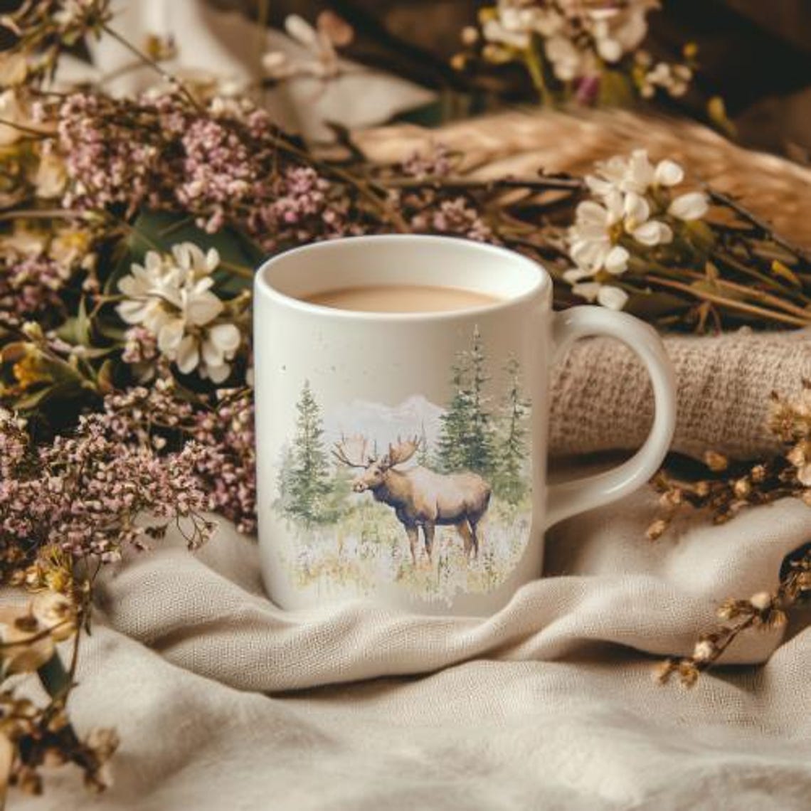 Wildflower Moose Mug, Nature Lover Coffee Cup, Forest Animal Tea Mug ...