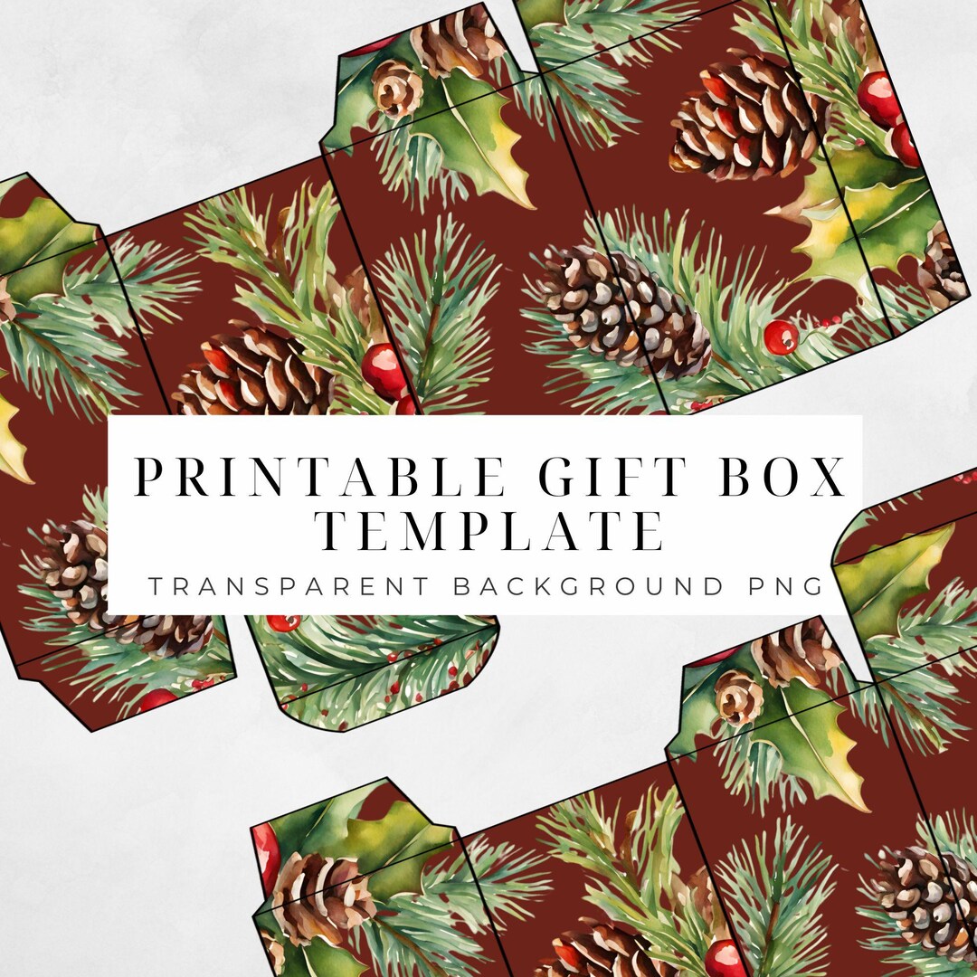 Gift Box DIY Printable Template Christmas Pine and Holly, Transparent ...