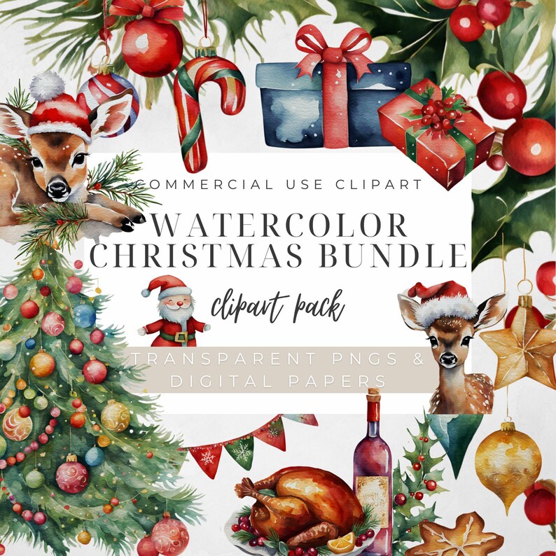 Holiday Watercolor Clipart Bundle: Christmas Decor, Food, Deer, Borders ...