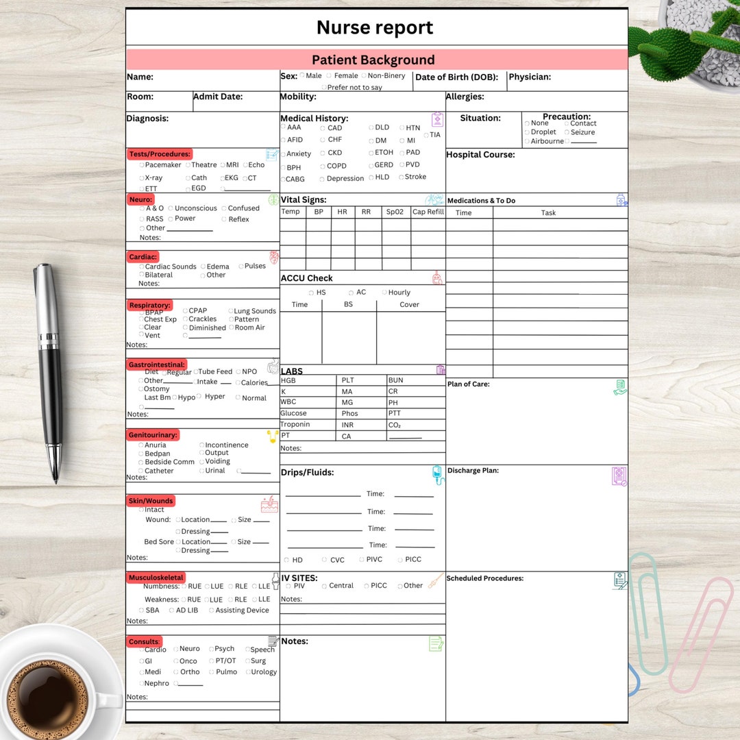 Editable Nurse Medication Report Sheet Medsurg,cna Report Sheet, Nurse ...