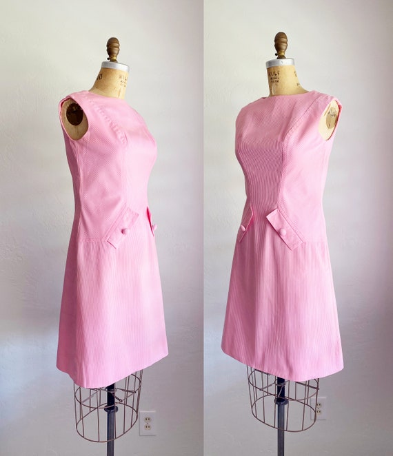 1960s Mod Vintage Dress Pink Ribbed Sleeveless Shift … - Gem