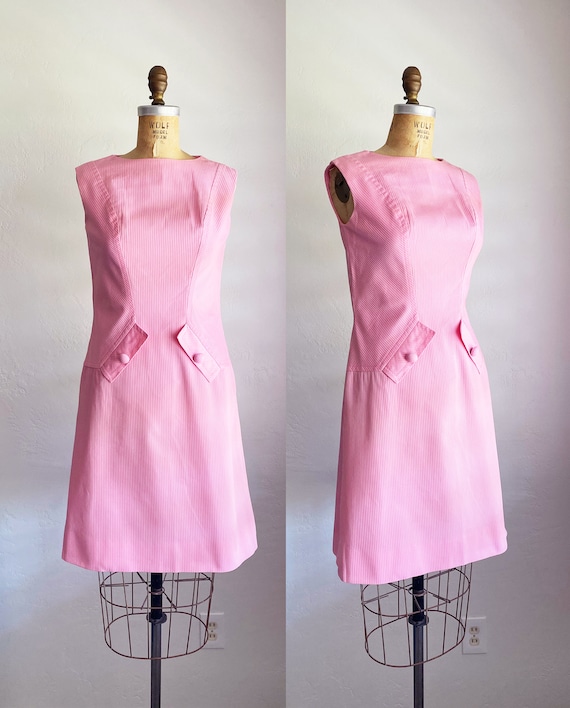 1960s Mod Vintage Dress Pink Ribbed Sleeveless Shift … - Gem