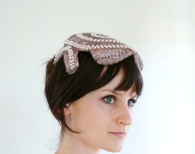 Beaded Juliet Hat Pale Pink 40s Crown Ivory Pearl 1950s Bridal Headband ...