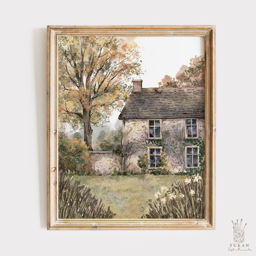 Vintage Cottagecore Decor Countryside Watercolor Print, Cozy Stone ...