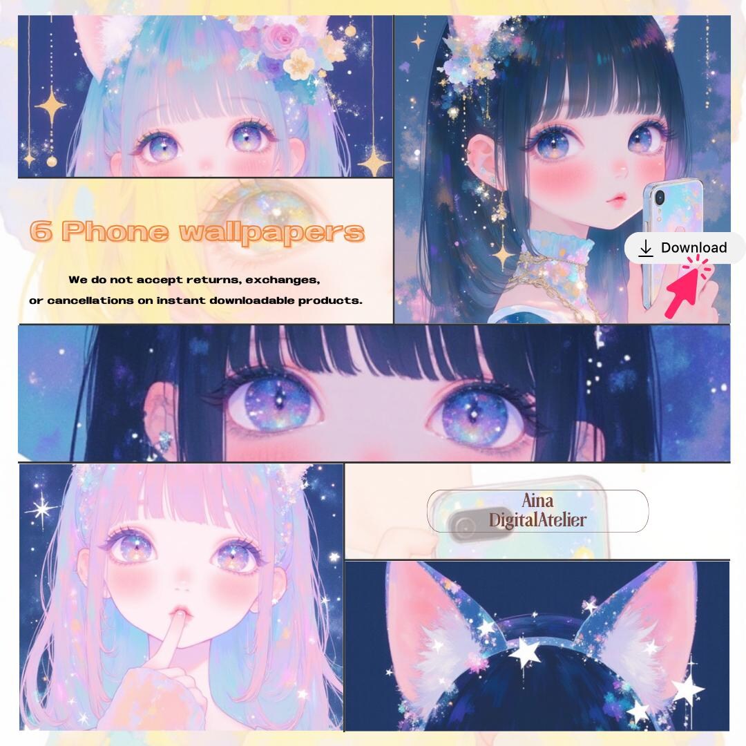 6 Phone Wallpapers, Background Styles | Lock Screen | Digital Downloads | Cat Ear Headband ...