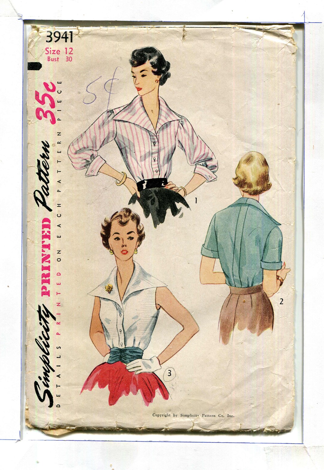 Simplicity 3941 Vintage 50s Wing Collar Summer Blouse Pattern 30 Bust ...