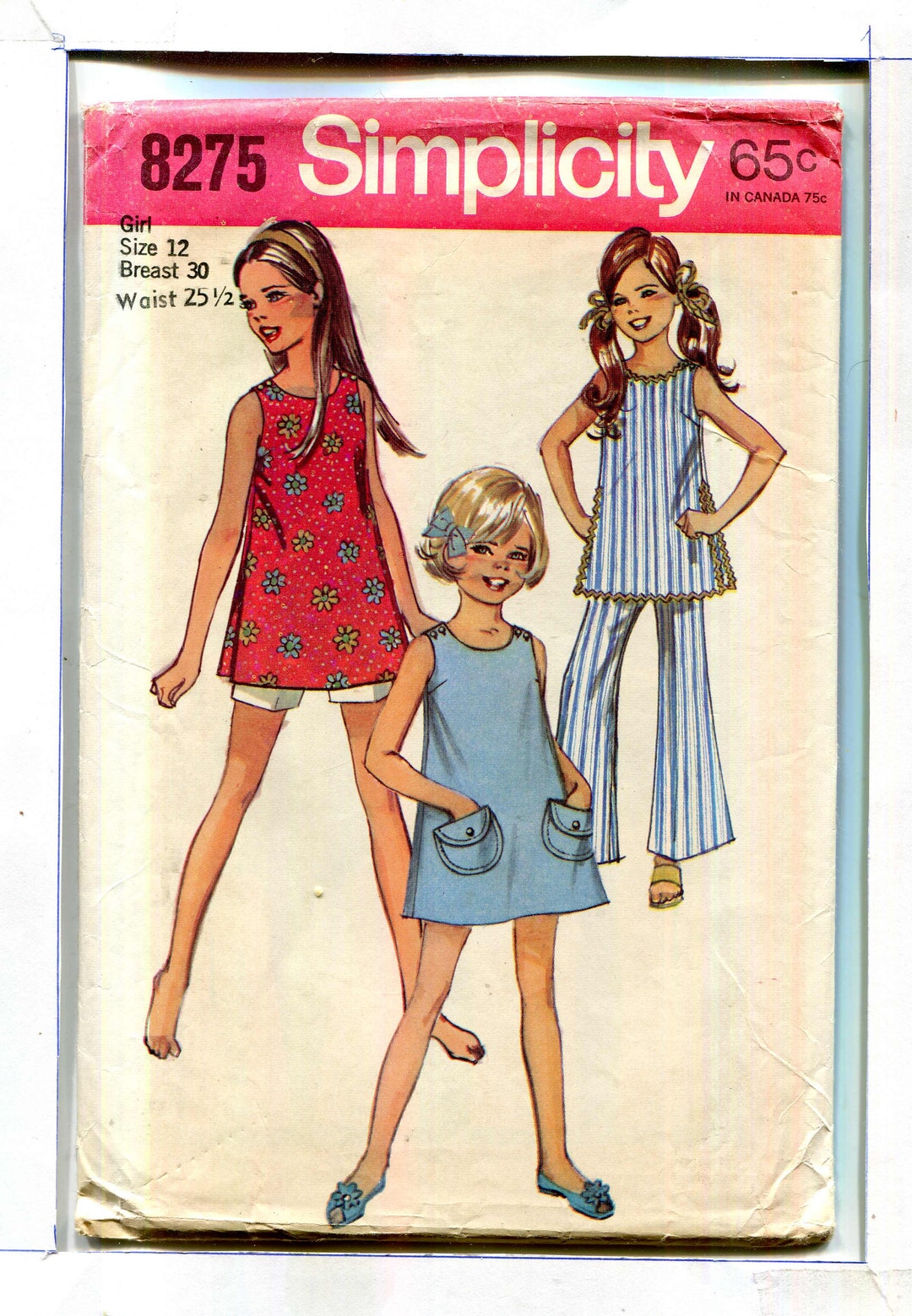 Simplicity 8275 - Girls Vintage 60s Dress or Tunic Tunic and Pants or Shorts Pattern - Sizes 12 ...