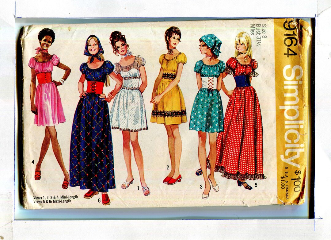 Simplicity 9165 - Vintage Boho Mini or Maxi Peasant Dress Pattern ...