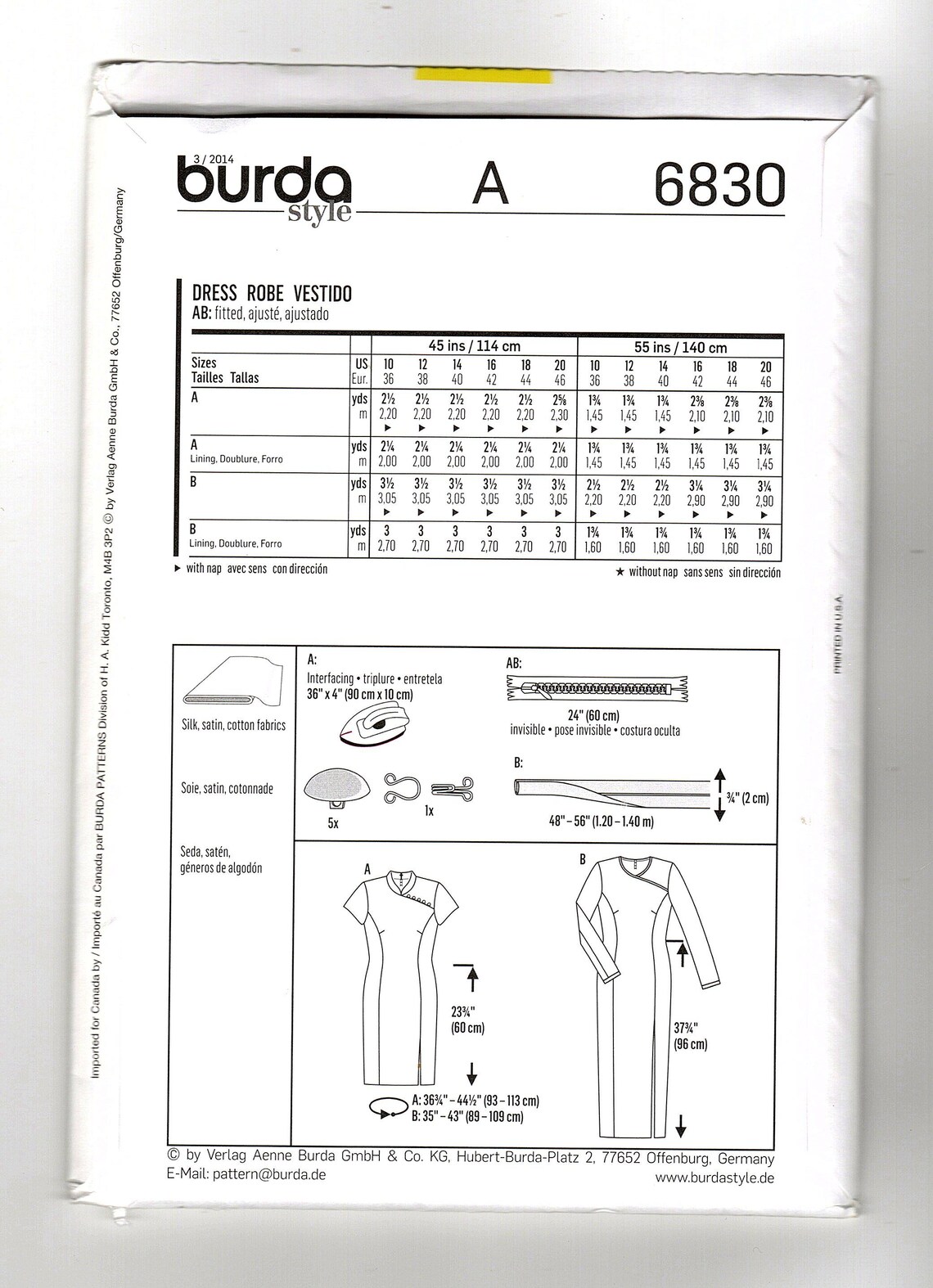 Burda 6830 Cheongsam Style Dress Pattern in 2 Lengths UNCUT Sizes 10-20 ...