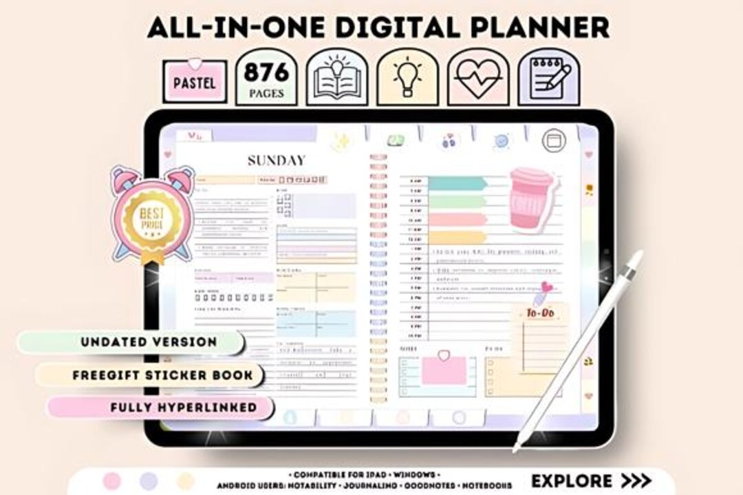 Undated Pastel Digital Planner | 876 Pages, Sticker Book, Hyperlinked ...