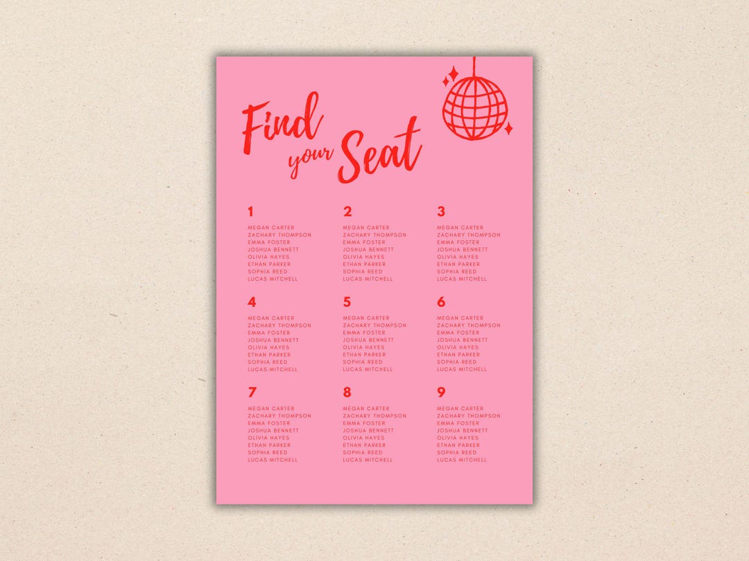 DISCO Wedding Seating Chart Template | Red & Pink Wedding Sign ...