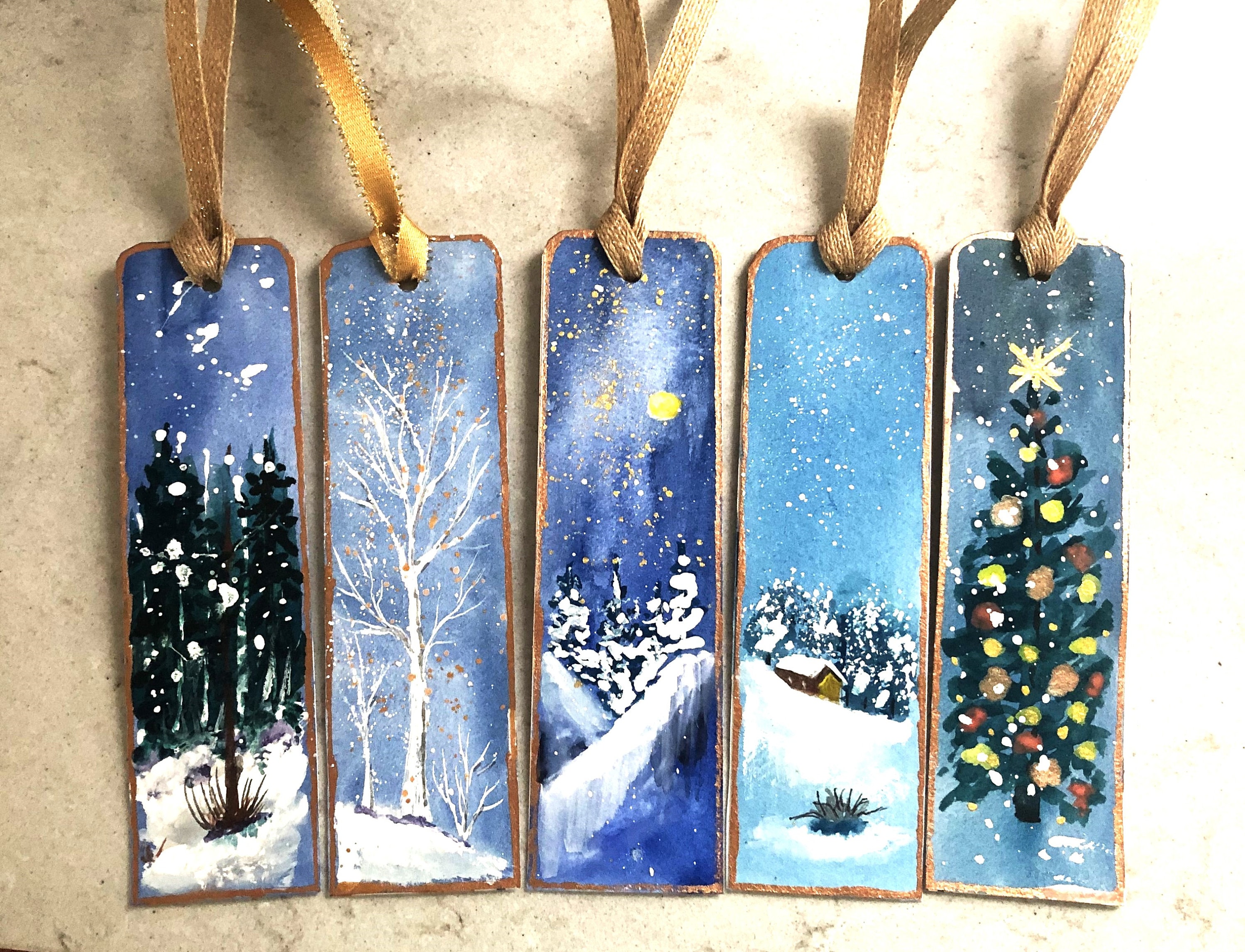 Set of 5 Christmas Bookmarks, Original Watercolor Holiday Bookmarks ...