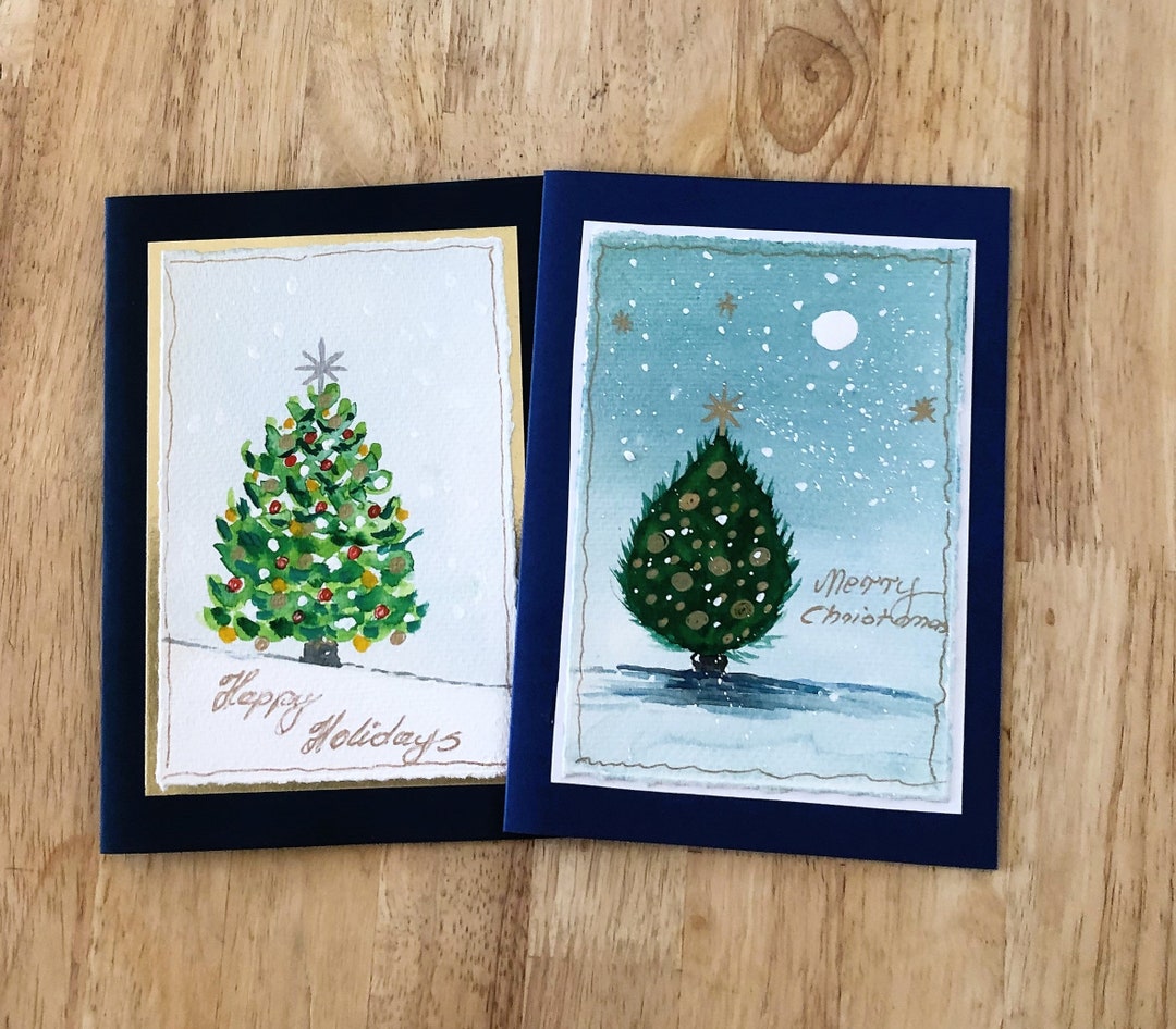 Watercolor Christmas Tree Cards - Hand Painted Holiday Cards, Set of 2 - Etsy
