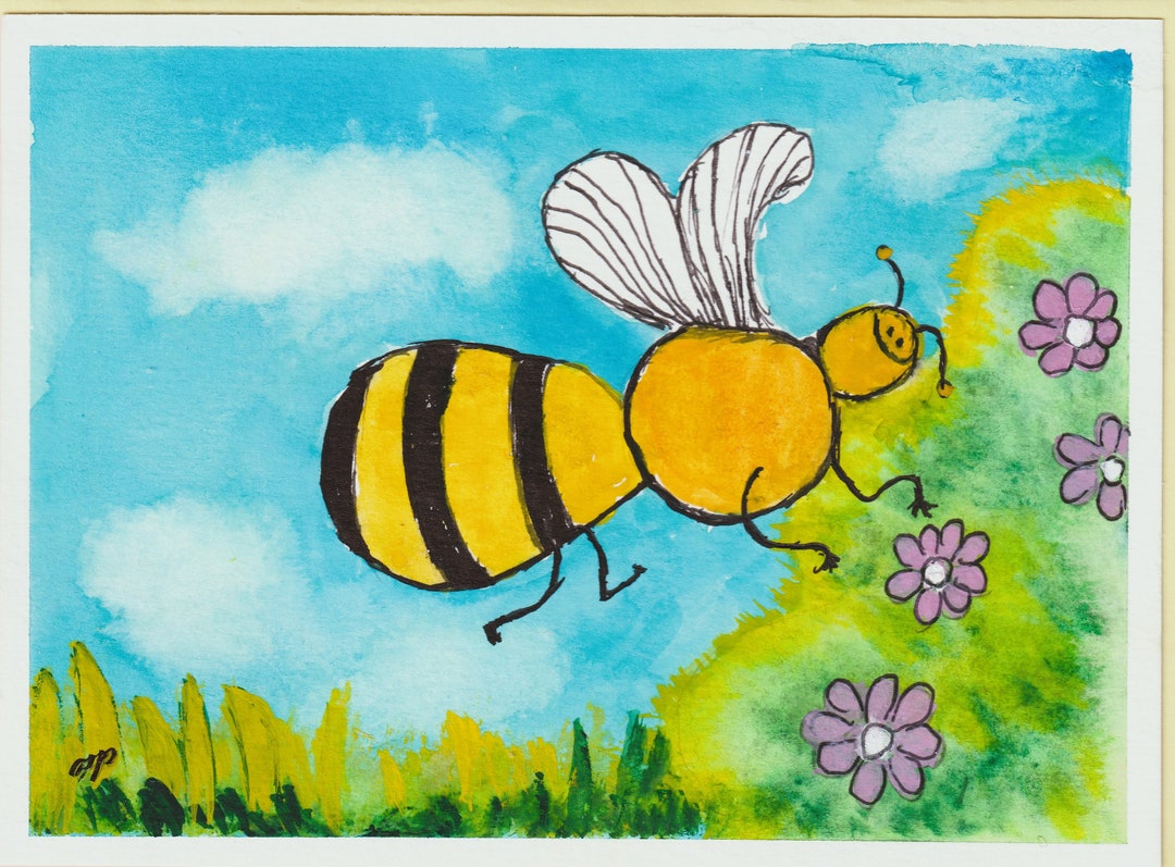 Whimsical Bee Greeting Card, Kids Art Card, Watercolor Greeting Card ...