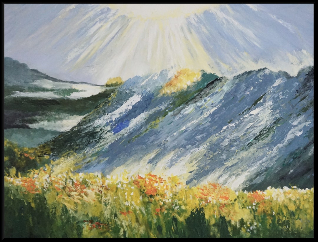 Mountain View Painting , Mountain Scene and Flowers, Wall Art on Canvas ...