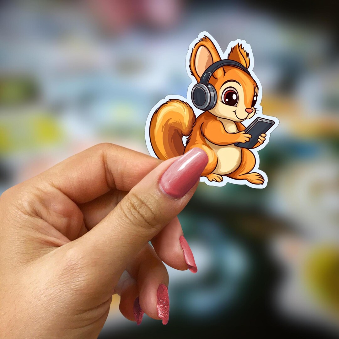 Funny Squirrel Sticker With Headphones Cute Cartoon Animal Vinyl Decal ...