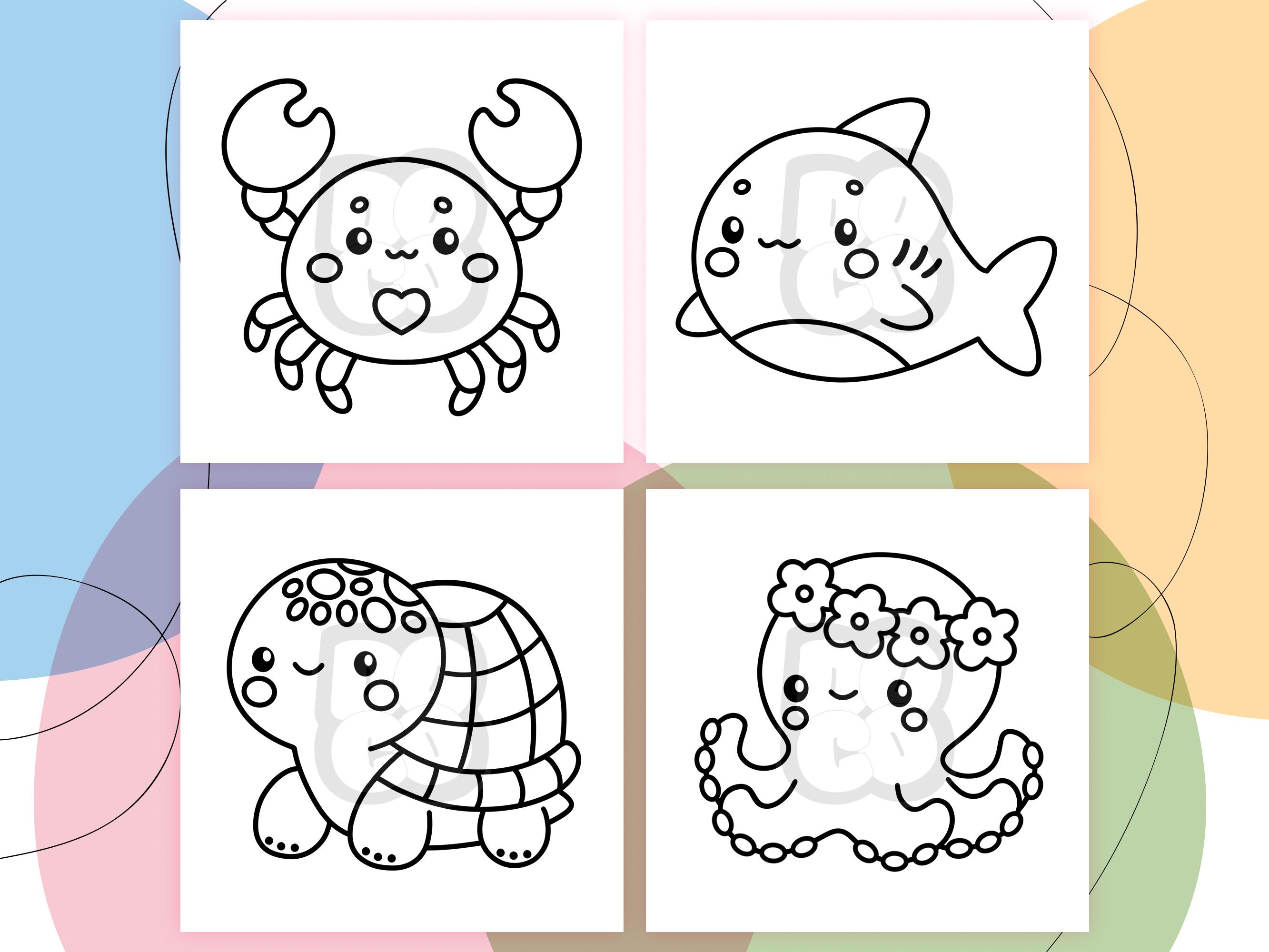 Cute Ocean Animal Characters Coloring Book, Simple and Easy Coloring ...
