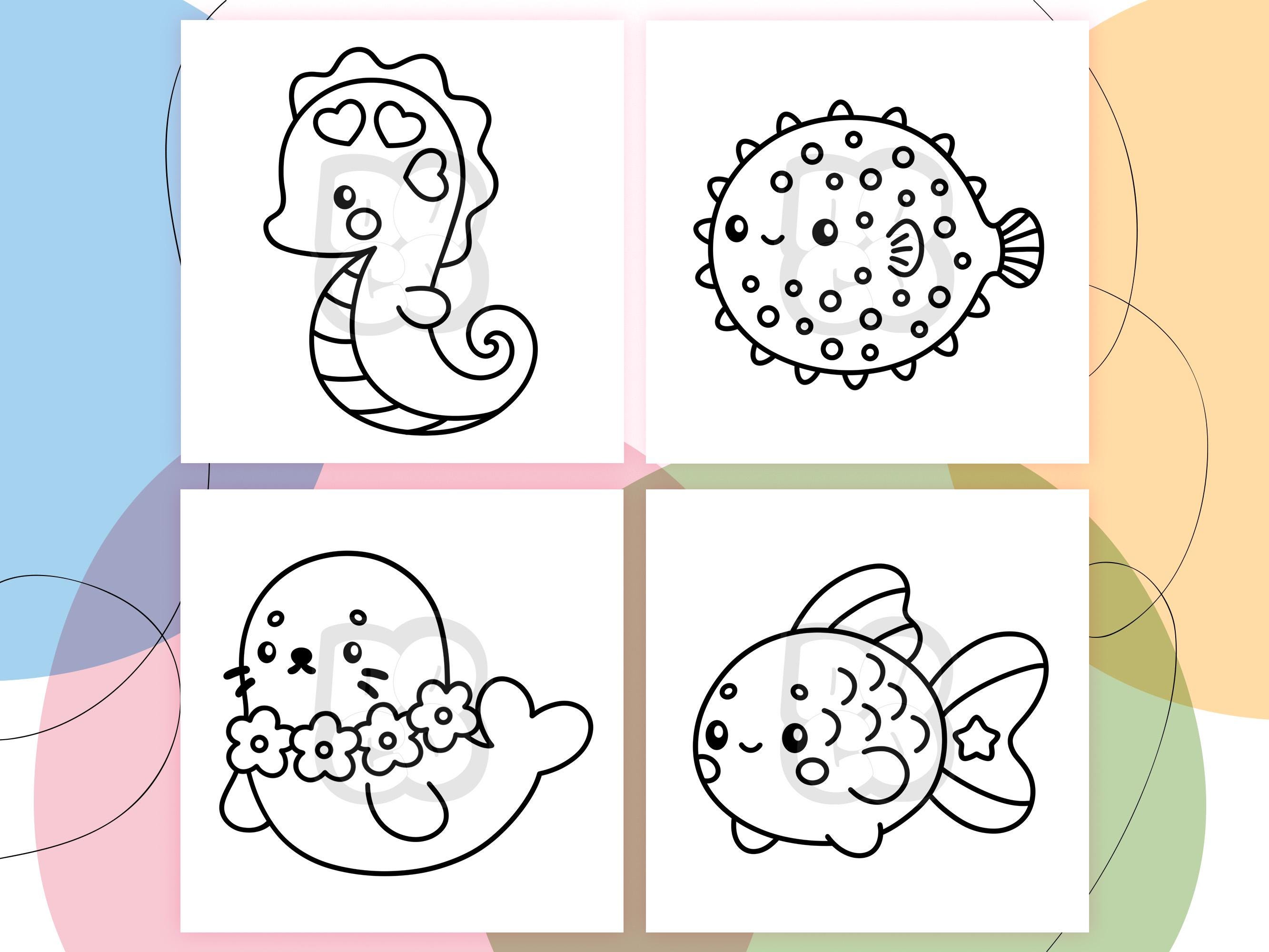 Cute Ocean Animal Characters Coloring Book, Simple and Easy Coloring ...