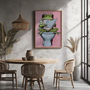Frog Reading Newspaper on Toilet, Humorous Bathroom Art Print, Frog Art ...