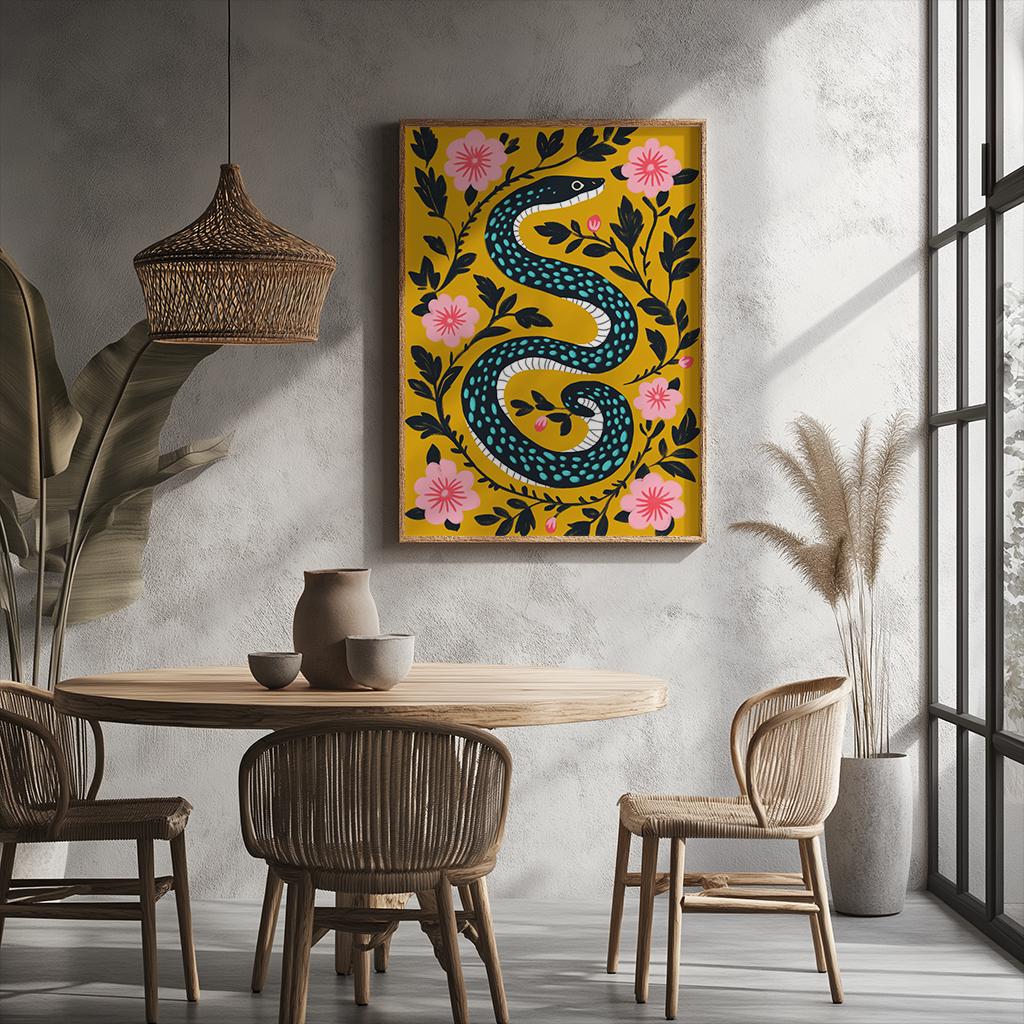 Mexican Snake Poster, Latin Folk Art Snake Wall Print, Colorful Floral ...