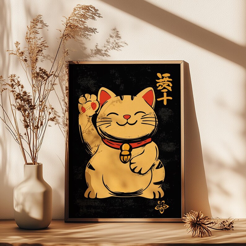 Traditional Maneki Neko Cat Print, Japanese Lucky Cat Poster, Retro ...