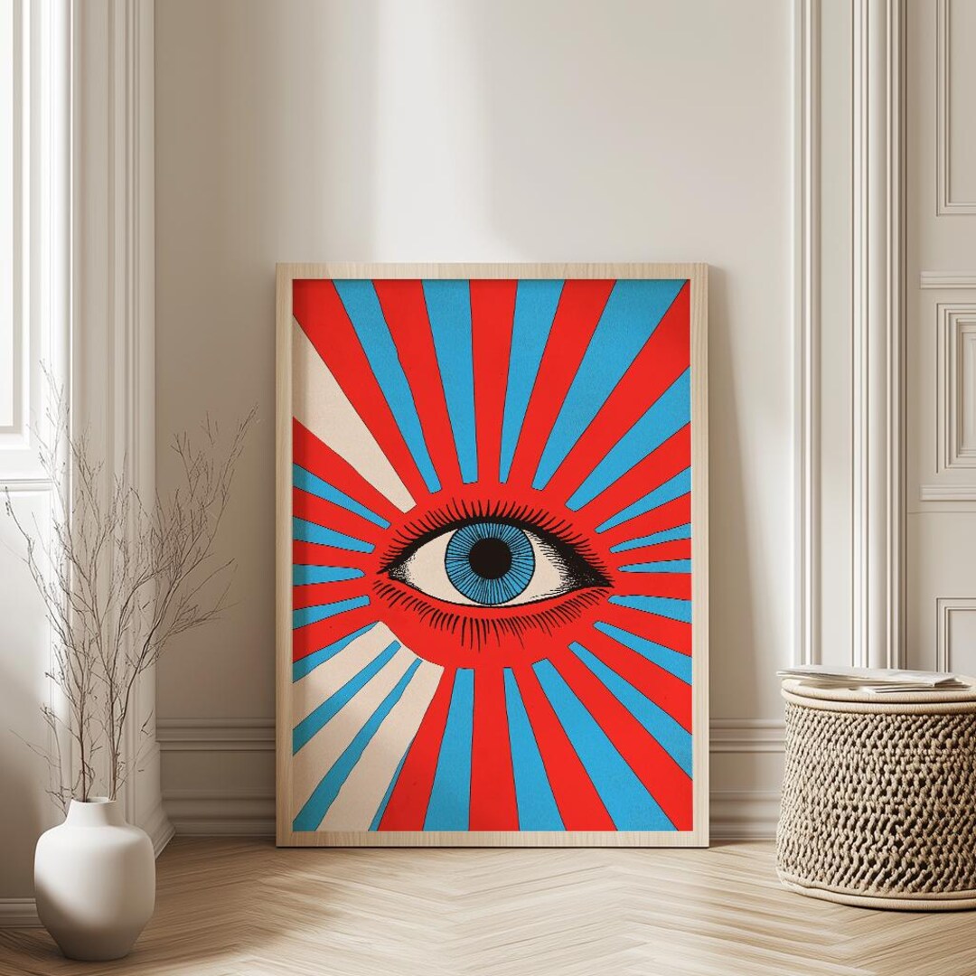 Vintage Evil Eye Digital Poster, Vibrant Red and Blue Abstract Art ...