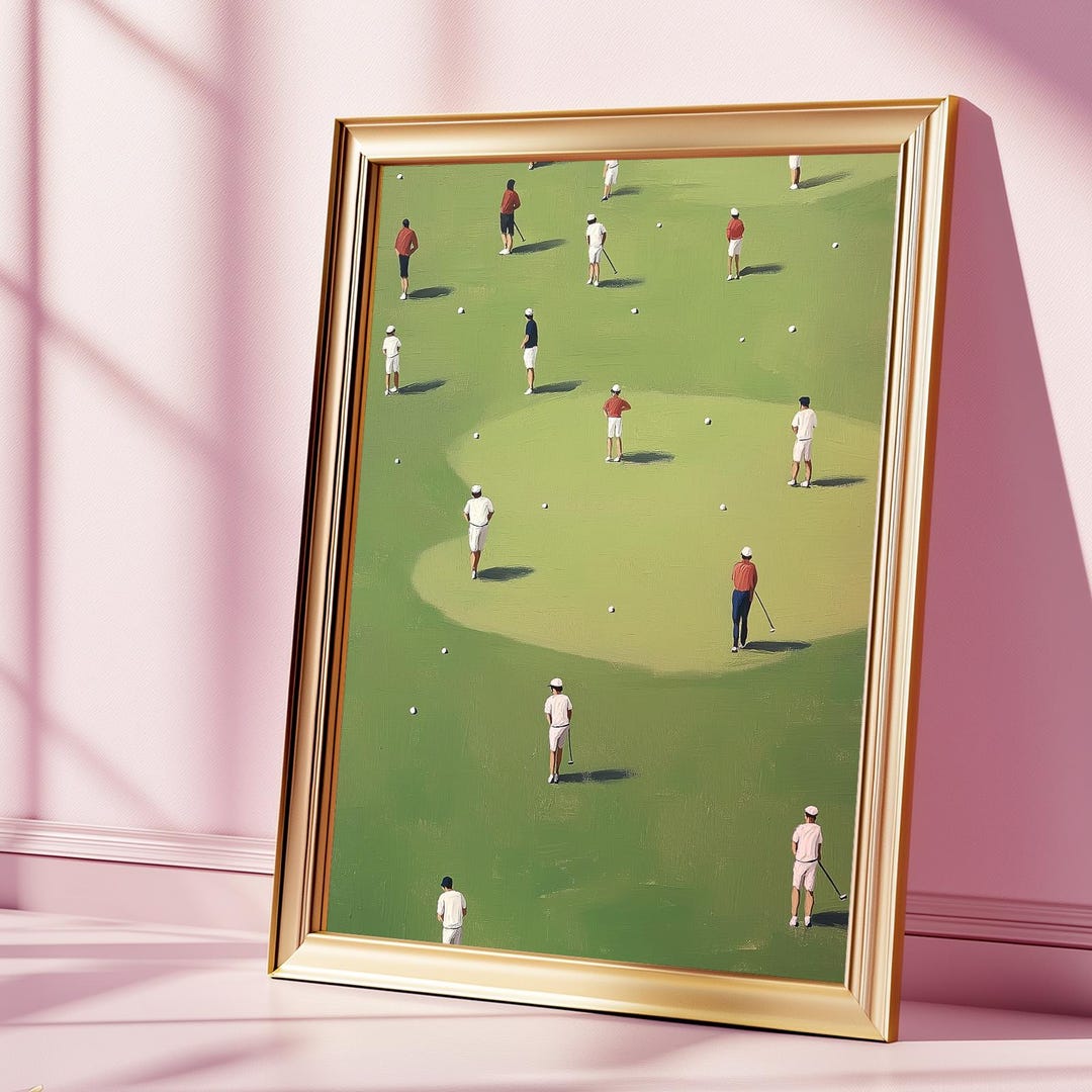 Minimalist Golf Course Art Print, Abstract Golfers on Green Field ...