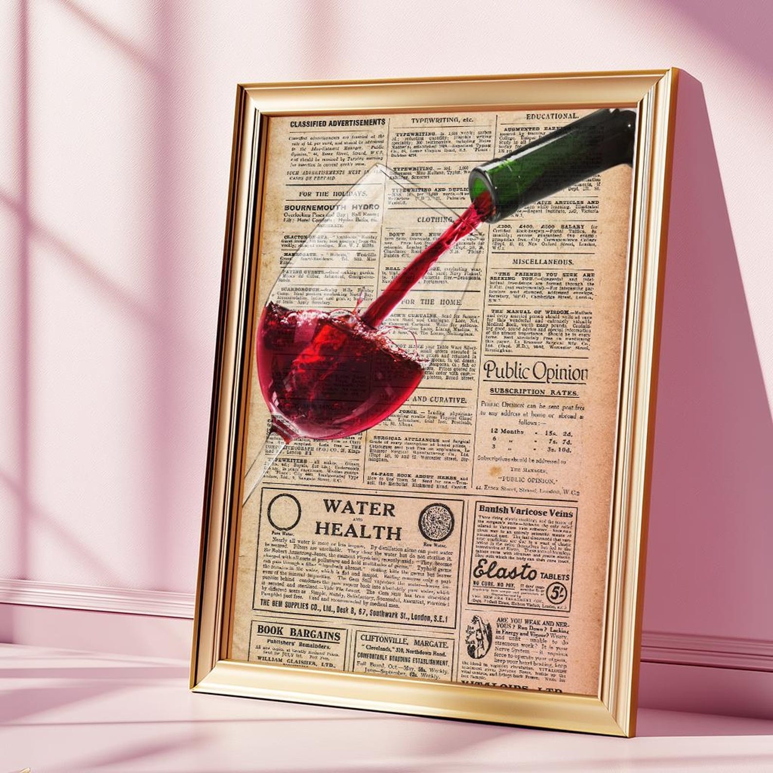Vintage Wine Art Print, Red Wine Spill on Antique Newspaper, Retro ...
