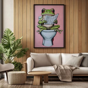 Frog Reading Newspaper on Toilet, Humorous Bathroom Art Print, Frog Art ...