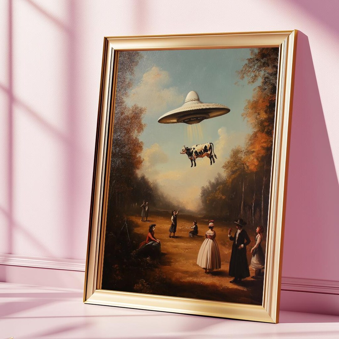 Vintage UFO Art Print, Surreal Alien Cow Abduction Painting, Whimsical ...