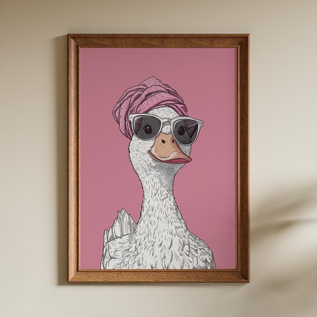 Cute Duck Digital Art Print, Fun Duck Themed Wall Art, Duck Bathroom ...