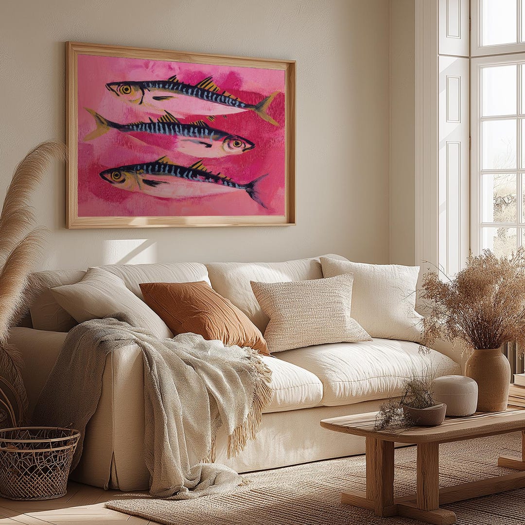 Three Mackerel Fish Digital Print, Coastal Art, Pink Ocean Poster ...
