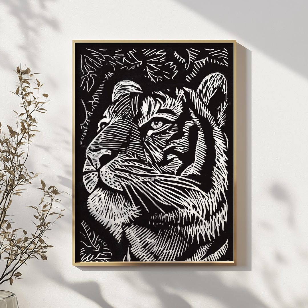 Linocut Tiger Print, Black and White Jungle Animal Wall Art(digital ...