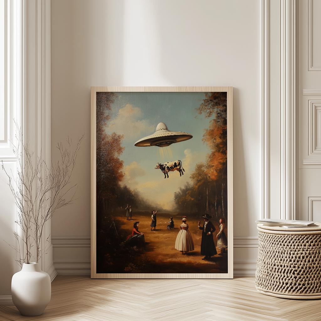 Vintage UFO Art Print, Surreal Alien Cow Abduction Painting, Whimsical ...