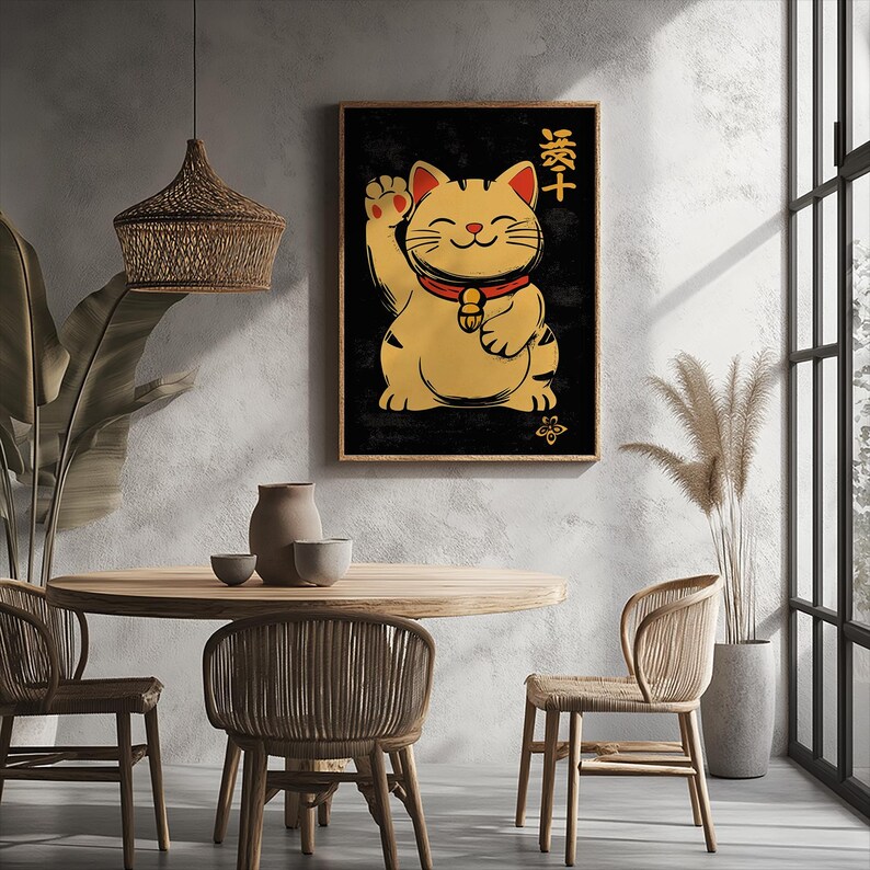 Traditional Maneki Neko Cat Print, Japanese Lucky Cat Poster, Retro ...