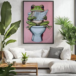 Frog Reading Newspaper on Toilet, Humorous Bathroom Art Print, Frog Art ...