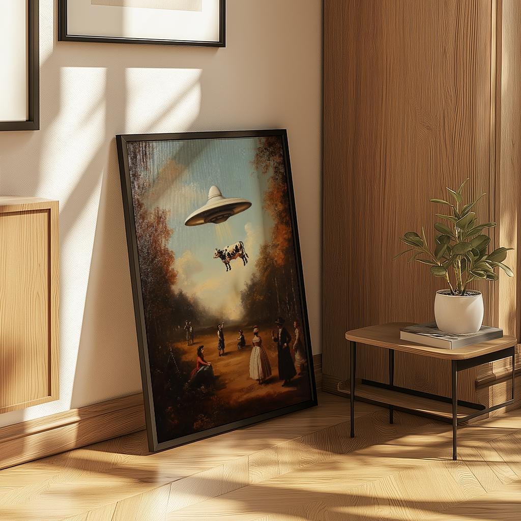 Vintage Alien Cow Abduction Art Print: Surreal Sci-fi Poster (digital ...