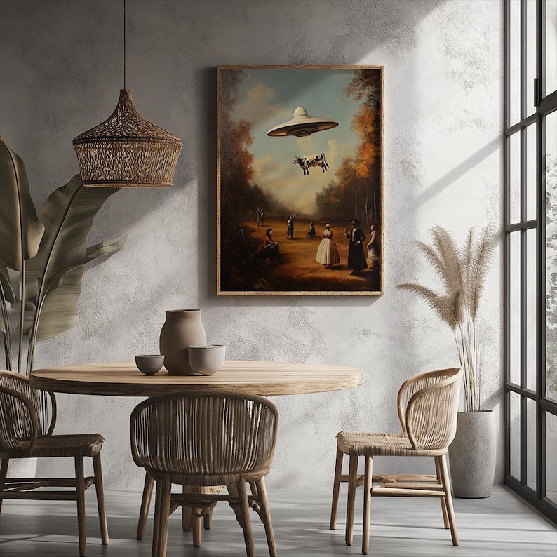 Vintage UFO Art Print, Surreal Alien Cow Abduction Painting, Whimsical ...