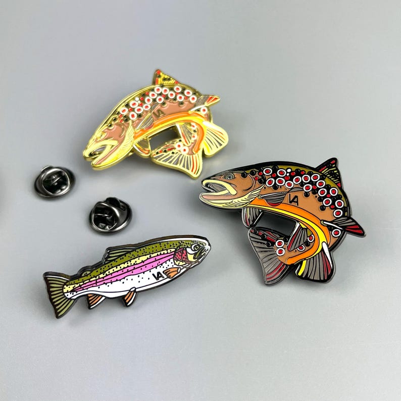 Set of 3 Hand-drawn Trout Enamel Pins – Unique Fly Fishing Gift by ...