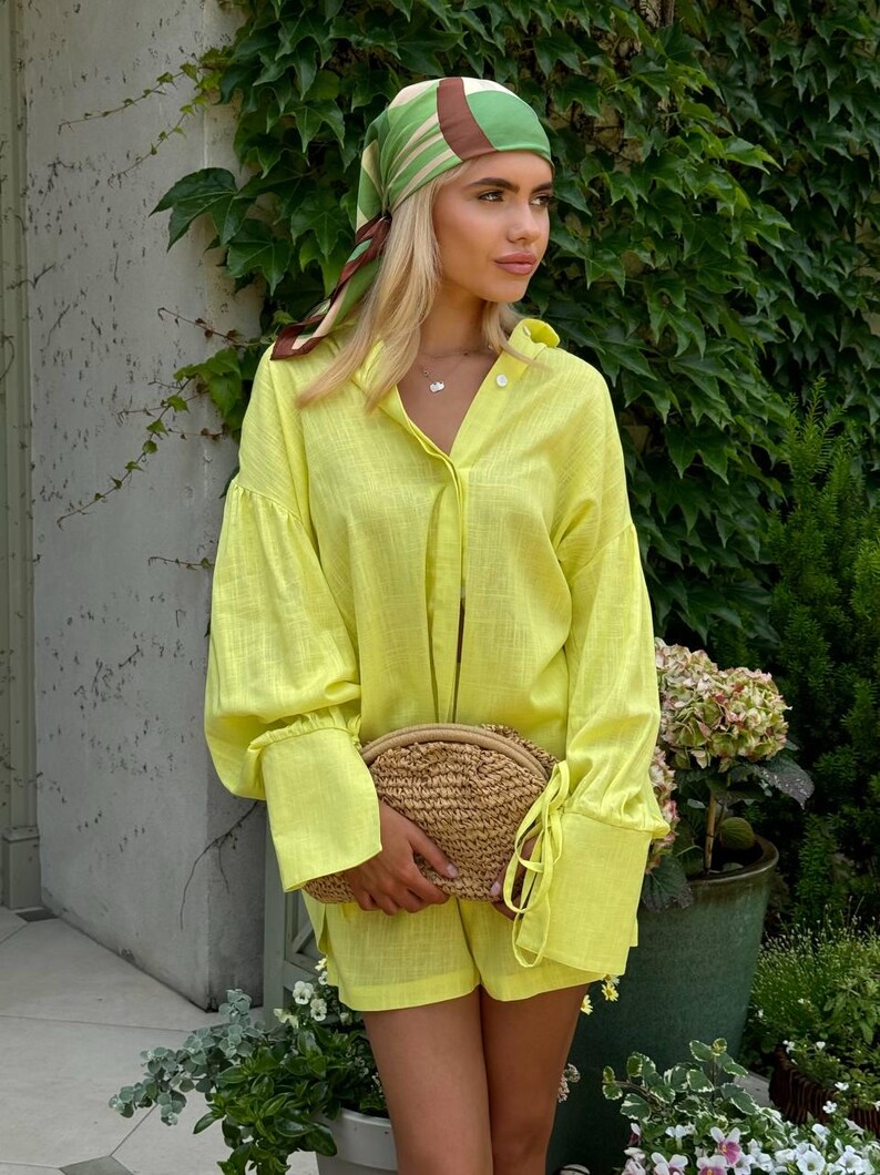 Yellow Linen Two-piece Set, 100% Linen Summer Outfit, Oversized Shirt ...