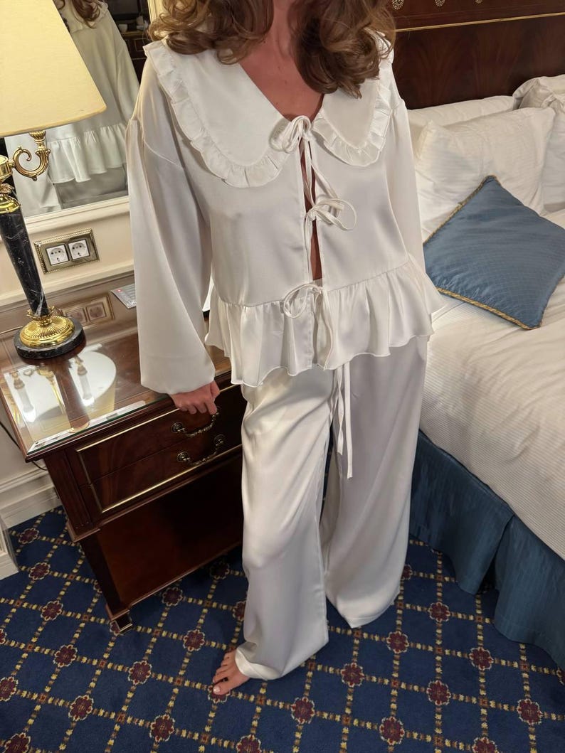 Elegant White Satin Pajama Set, Luxury Sleepwear for Women, Long Sleeve ...