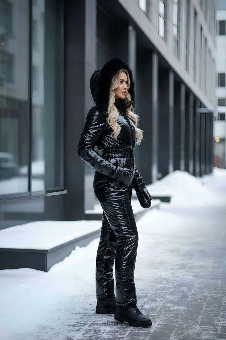 Shiny Black Ski Suit Women, Glossy Snowsuit With Fur Hood, Custom Ski ...