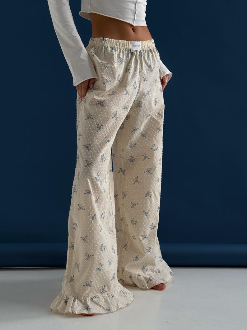 Pink Cotton Lounge Pants With Mimosa Print, Ruffled Hem Pajama Pants ...